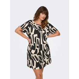 Sommerkleid Only CARMAKOMA "CARLUX SS TUNIC DRESS WVN NOOS", Damen, Gr. 42, N-Gr, schwarz (schwarz aop:vendome geo), Web, Obermaterial: 97% Polyester, 3% Elasthan, bedruckt, loose fit kurz, U-Boot-Ausschnitt, Kleider Sommerkleid, Materialmix, loose fit