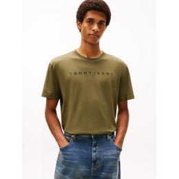 T-Shirt Tommy Jeans "TJM REG LINEAR LOGO TEE EXT", Herren, Gr. L, dunkelgr&uuml;nery, Single Jersey, Obermaterial: 100% Baumwolle, bestickt, unifarben, regular fit normal, Rundhals, abgesteppte Kante, Shirts T-Shirt, Rundhals, Regular Fit