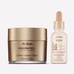 M. Asam RESVERATROL PREMIUM NT50 Lifting Gesichtscreme & Sun Drop Fluid Sonnenschutz Serum Gesicht LSF 50+ Sensitiv