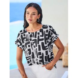Kurzarmbluse Heine, Damen, Gr. 38, schwarz, ecru, bedruckt, 100% Modal, bedruckt, gemustert, mehrfarbig, Rundhals, Blusen