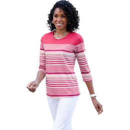 Damen 3/4-Arm-Shirt aus Baumwolle, gestreift fuchsia-ecru-geringelt, Gr&ouml;&szlig;e 46