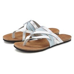 Zehentrenner Lascana "Sommerschuh, offener Schuh, Pantolette, Sandale", Damen, Gr. 38, blau, Obermaterial: 100% Rindsleder. Decksohle: 100% Rindsleder. Laufsohle: 100% Synthetik, metallic, Basic, Schuhe Zehentrenner, aus Leder mit Korkfu&szlig;bett