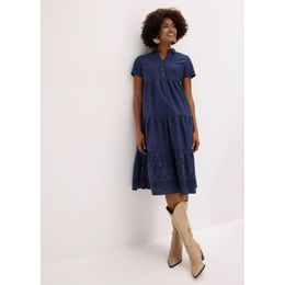 bonprix Tunika-Kleid aus reiner Baumwolle mit Lochstickerei, blau, Gr.50, Lockeres Tunika-Kleid mit Lochstickerei, aus 100% Baumwolle