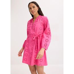 bonprix Blusenkleid aus reiner Bio-Baumwolle, pink, Gr.42, Sehr kurzes Kleid mit allover Lochstickerei und Bindeg&uuml;rtel, 100% Baumwolle (organic)
