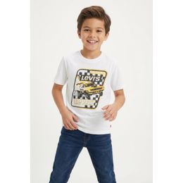 T-Shirt LEVI'S KIDS "LVB RACE TO THE FINISH TEE", Jungen, Gr. 14 (164), wei&szlig; (blanc de blanc), Jersey, Obermaterial: 60% Baumwolle, 40% Polyester, bedruckt, regular fit normal, Rundhals, angesetztes B&uuml;ndchen, Shirts T-Shirt, mit Racing-Print, for Boys