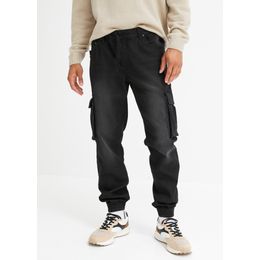 bonprix Slim-Fit Cargo-Jeans-Jogger mit Dehnbund Straight, schwarz, Gr.48, Cool gewaschene Schlupf-Sweat-Jeans mit Cargotaschen, 73% Baumwolle