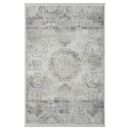 Pharao24.de Kurzflor Teppich Vintage Look mit Ornament Muster Hellgrau und Creme