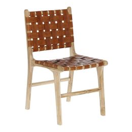 Pharao24.de Esstischstuhl aus Teak Massivholz braunem Echtleder (2er Set)