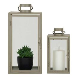 Pharao24.de Metall Laternen Set 2-teilig in Graugr&uuml;n Stahl und Glas (zweiteilig)