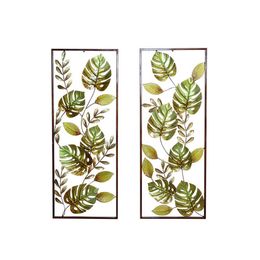 Pharao24.de Wandbild mit Blatt Motiv Gr&uuml;n Braun Metall (2er Set)