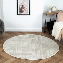 Pharao24.de Runder Teppich modern Kurzflor in Creme und Beige 120 cm Durchmesser