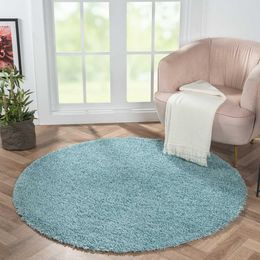 Pharao24.de Hellblauer Shaggy Teppich rund in modernem Design 150 cm Durchmesser