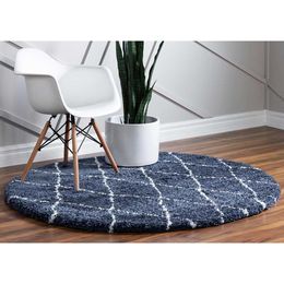 Pharao24.de Hochflor Teppich rund Dunkelblau mit geometrischem Muster Cremefarben