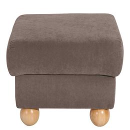 Pharao24.de Beigegrauer Polsterhocker aus Velours und Buche Massivholz 48 cm hoch
