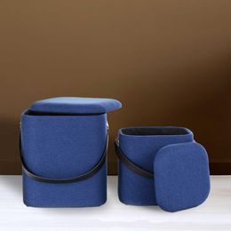 Pharao24.de Polsterhocker Set in Blau Webstoff Truhe (zweiteilig)