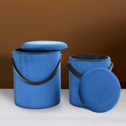 Pharao24.de Samt Hocker Set in Blau Truhe (zweiteilig)