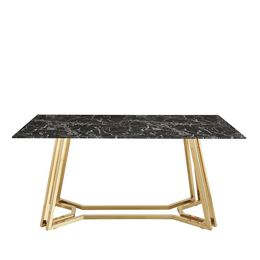 Pharao24.de Design Esstisch mit Glasplatte schwarz marmoriert Metall B&uuml;gelgestell Goldfarben