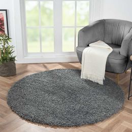 Pharao24.de Hochflor Teppich Shaggy rund in Dunkelgrau 150 cm Durchmesser