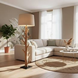 Pharao24.de Stehlampe Holz und Stoff in Cremefarben Skandi Design