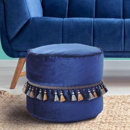 Pharao24.de Sitzpouf in Blau Samt Quasten im Boho Style