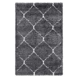 Pharao24.de Grauer Shaggy Teppich - Hochflor Kachelmuster
