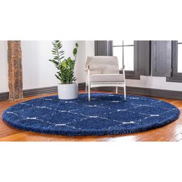 Pharao24.de Runder Hochflor Teppich Dunkelblau im Skandi Design Kachelmuster