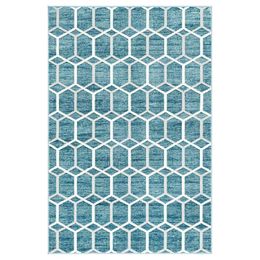 Pharao24.de Rechteckiger Teppich Blau mit geometrischem Muster Cremefarben