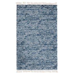 Pharao24.de Melierter Teppich Hochflor in Blau und Cremefarben mit Fransen