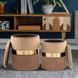 Pharao24.de Samt Hocker Set in Hellbraun und Goldfarben Stauraum (zweiteilig)