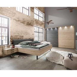 Pharao24.de Design Schlafzimmer Set in Eichefarben und Dunkelgrau LED Beleuchtung (vierteilig)