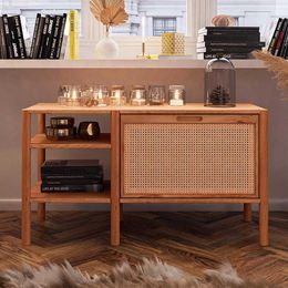 Pharao24.de Wohnzimmer Regal mit Klappe aus Wildbuche Massivholz Rattan