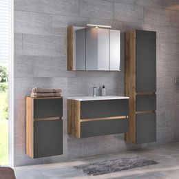 Pharao24.de Badezimmerset in Dunkelgrau und Wildeiche Optik Stand- und Wandmontage (vierteilig)