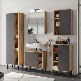 Pharao24.de Badezimmer Schrankset Badm&ouml;bel Programm mit Beleuchtung 190 cm hoch (f&uuml;nfteilig)