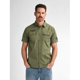 Kurzarmhemd PETROL INDUSTRIES, Herren, Gr. 3XL, N-Gr, gr&uuml;n (dusty army), Jersey, Obermaterial: 100% Baumwolle, bestickt, regular fit taillenbedeckt, ohne Ausschnitt, gerader Abschluss, Hemden, mit Stickereien