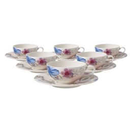 Villeroy & Boch Tasse VILLEROY & BOCH "Teetassen mit Untertassen Mariefleur Gris Basic 150 ml 6er Set bunt", bunt, 6 tlg., Porzellan, Trinkgef&auml;&szlig;e, Tasse