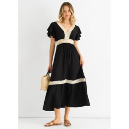 Beigegeh&auml;keltes Midikleid mit elastischer Taille und Spitzeneinsatz