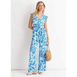 Blauer Jumpsuit mit R&uuml;schen an den &Auml;rmeln