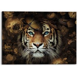 Glasbild Reinders "Glasbild Tiger Tierreich - Blumen - Herbstfarben - Blaue Augen", braun (farbe bild(er): braun), B:70cm H:50cm, Acrylglas, Bilder