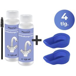 Reinigungs-Set Maximex "Anti-Kalk-Caps und Entkalkungsgel", blau, B:4cm H:14cm L:4cm, Reinigungs-Sets, Reinigungsmittel Entkalker, f&uuml;r Wasserh&auml;hne, Armaturen, Kacheln, Duschk&ouml;pfe, je 125 ml, Zitrusduft