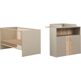 Babym&ouml;bel-Set TRENDTEAM "Beja", beige, eiche, B/H: 140cm x 70cm, Holzwerkstoff, Kunststoff, Schlafzimmerm&ouml;bel-Sets, Babyzimmerm&ouml;bel: Kinderbett und Wickelkommode - silberfarbene Griffe