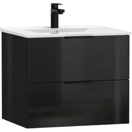Waschtisch Welltime "Athen Badezimmerschrank mit Softclose Funktion WC Bad 60 cm", schwarz (schwarz hochglanz, schwarz hochglanz), B:60cm H:50cm T:46cm, Holzwerkstoff, Waschtische, Waschtisch, Waschplatz mit 2 Schubladen und Waschbecken Badm&ouml;bel Unterschrank