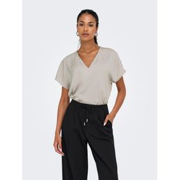 V-Shirt Only "ONLLUCY LIFE SS V-NECK TOP WVN", Damen, Gr. S, grau (dove), Web, Obermaterial: 100% Polyester, unifarben, regular fit, V-Ausschnitt, Shirts