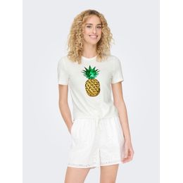 Kurzarmshirt Only "ONLKITA LIFE S/S FRUIT KNOT TOP BOX JRS", Damen, Gr. S (36), wei&szlig; (cloud dancer print:pineapple), Single Jersey, Obermaterial: 100% Baumwolle, bedruckt, Rundhals, Shirts