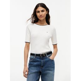 Kurzarmpullover Tommy Hilfiger "FINE GG CABLE BOAT NK S/S", Damen, Gr. L (42/44), ivory petal, Strick, Obermaterial: 100% Baumwolle, unifarben mit Farbeinsatz, regular fit normal, U-Boot-Ausschnitt, eingesetzt gerader Abschluss, Pullover, Baumwolle, mit Zopfstrickmuster