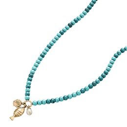 Kette mit Anh&auml;nger Fossil "Schmuck Geschenk Metall Halskette Fisch Muschel Sutton", gelbgoldfarben, kristallwei&szlig;, wei&szlig;, t&uuml;rkis, Halsketten, Damen, Metall Nylon Perlen, L: 45,5 B: 3mm, Metall, Nylon, Perlen, mit Glasstein - mit S&uuml;&szlig;wasserzuchtperle, Acryl, B:3mm