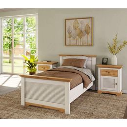 Bett OTTO HOME "Rauna, Landhausstil, edles Design mit Lamellen und Kassetten, 2 Farben", wei&szlig; (wei&szlig;, honig, wei&szlig;, honig, wei&szlig;, honig), B:105cm H:85cm L:206cm, Betten, Bett, FSC zertifiziertes Kieferholz, massive Qualit&auml;t mit Lattenrost