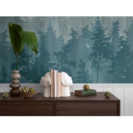 Livingwalls Fototapete LIVING WALLS "Wallpanel Tapete Wandpaneele Motivtapete Wald Landhaus", blau (wei&szlig;,blau,grau), B:1,59m H:0,02m L:2,8m, Vlies, Tapeten, Vliestapete Holz-Optik f&uuml;r Schlafzimmer K&uuml;che Wohnzimmer Wandpaneele