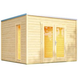 Gartenhaus Weka "Designhaus P285", beige (natur), Fu&szlig;boden im Gartenhaus, ohne Dacheindeckung, Massivholz, Gartenh&auml;user, Gartenhaus, mit Panorama-Glast&uuml;ren und hohem Fenster