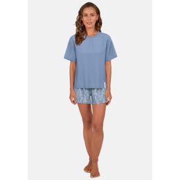 Shorty Tom Tailor "Westport", Damen, Gr. 38 (M), blau, Single Jersey, Obermaterial: 95% Viskose, 5% Elasthan, bequem kurz, Rundhals, Homewear-Sets Shorty, mit Print, Kurzarm, Rundhalsausschnitt, kurze Hose, Viskosemix