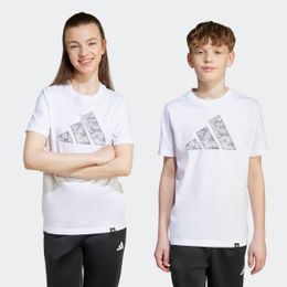 T-Shirt adidas Sportswear "MIT CAMOUFLAGE-GRAFIK F&Uuml;R KINDER", M&auml;dchen, Gr. 128, wei&szlig;, Obermaterial: 100% Baumwolle, Shirts T-Shirt, sportlicher Stil, kurze &Auml;rmel, regul&auml;re Passform, aus Baumwolle